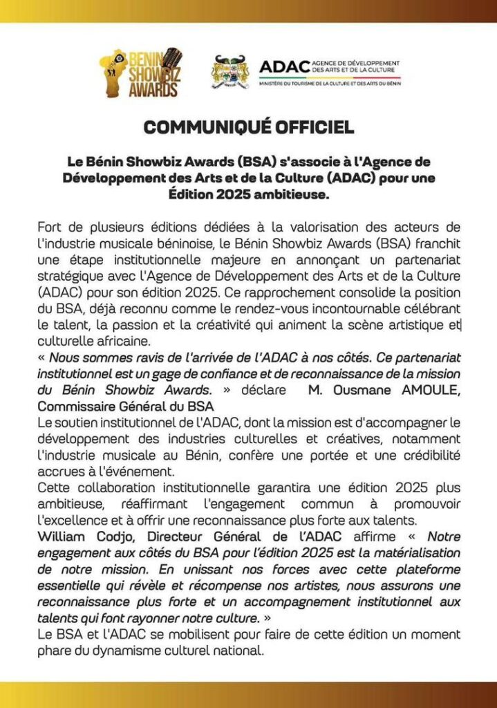Promotion artistique au Bénin: L'Adac désormais en partenariat avec Bénin Showbiz Awards - Matin ...